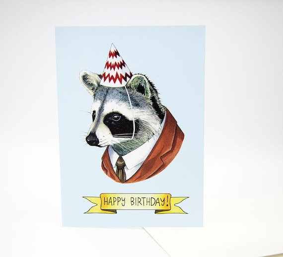 Tarjeta de cumpleaños feliz fiesta mapache arte del | Etsy