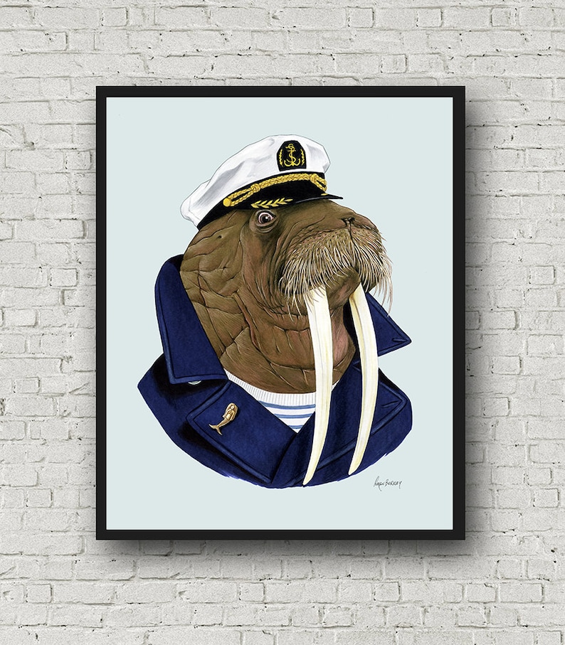 Oversized Walrus Sea Captain Print - Ryan Berkley Illustration - 16x20 ...
