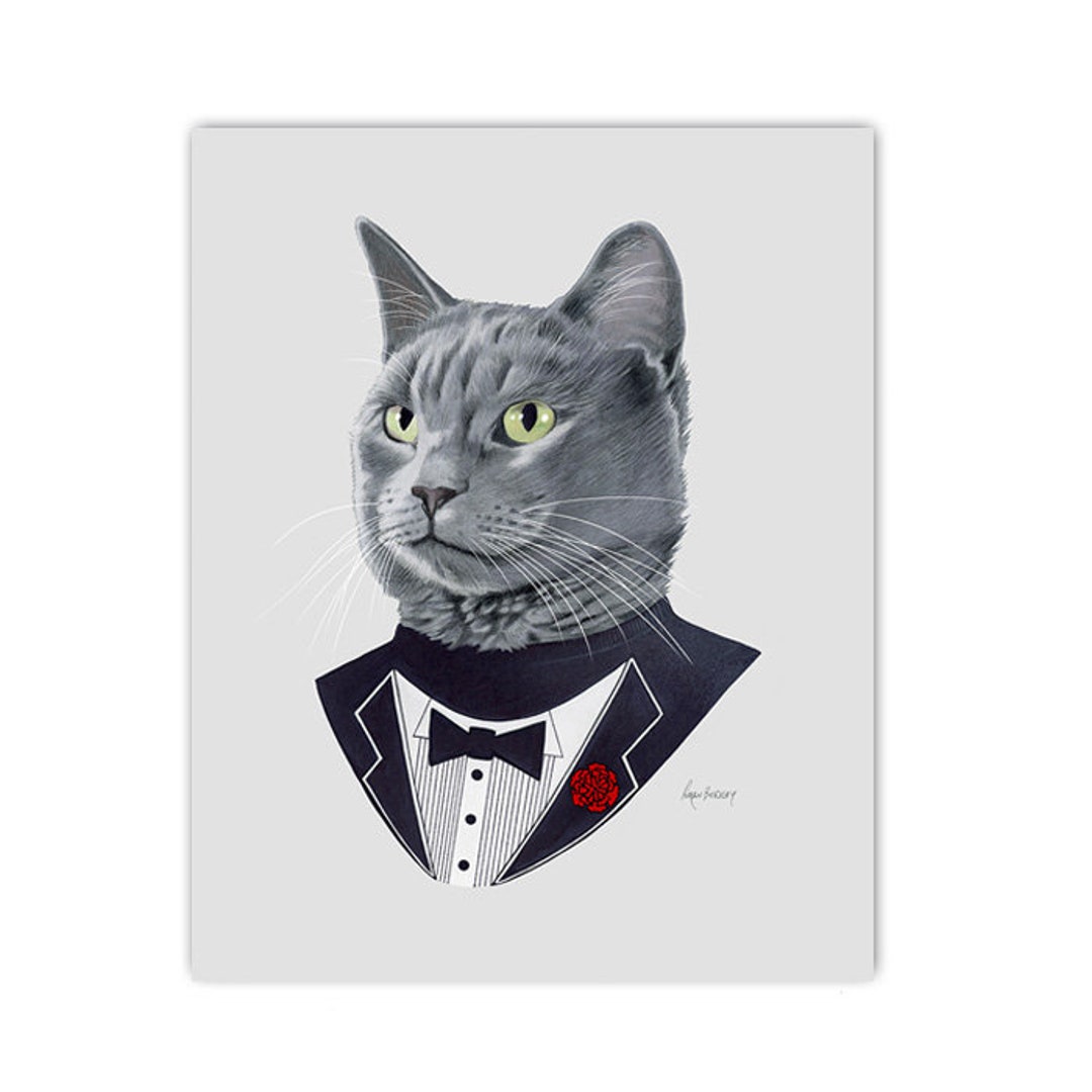 Grey Cat Art Print - Animals in Clothes - Animal Art - Gray Cat - Pet ...