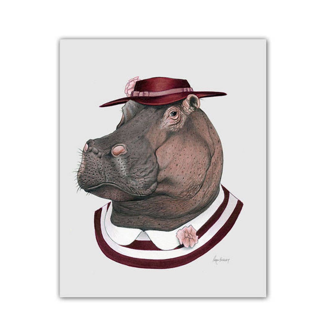Hippo Art Print Animal Art Nursery Art Nursery Decor Animals in Clothes ...