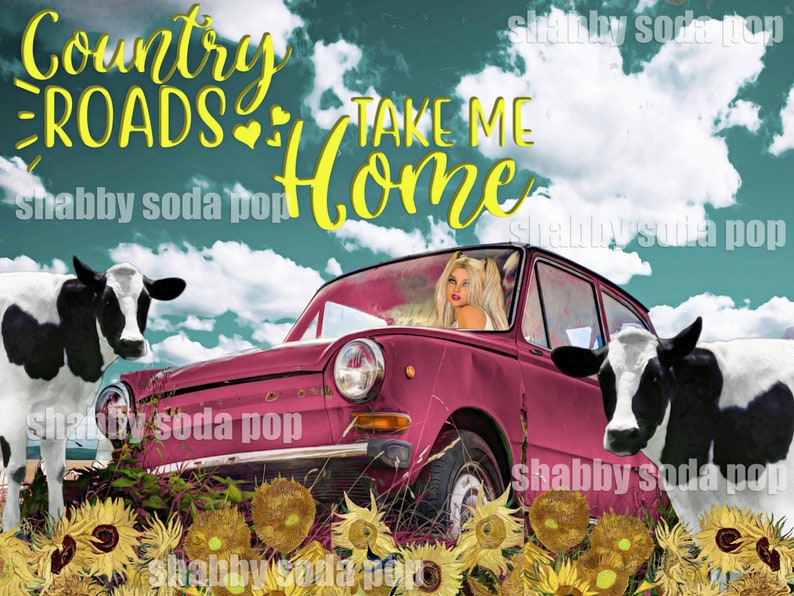 Retro Pop Art Country Girl, Country Roads Bright Colors Grungy Vintage ...