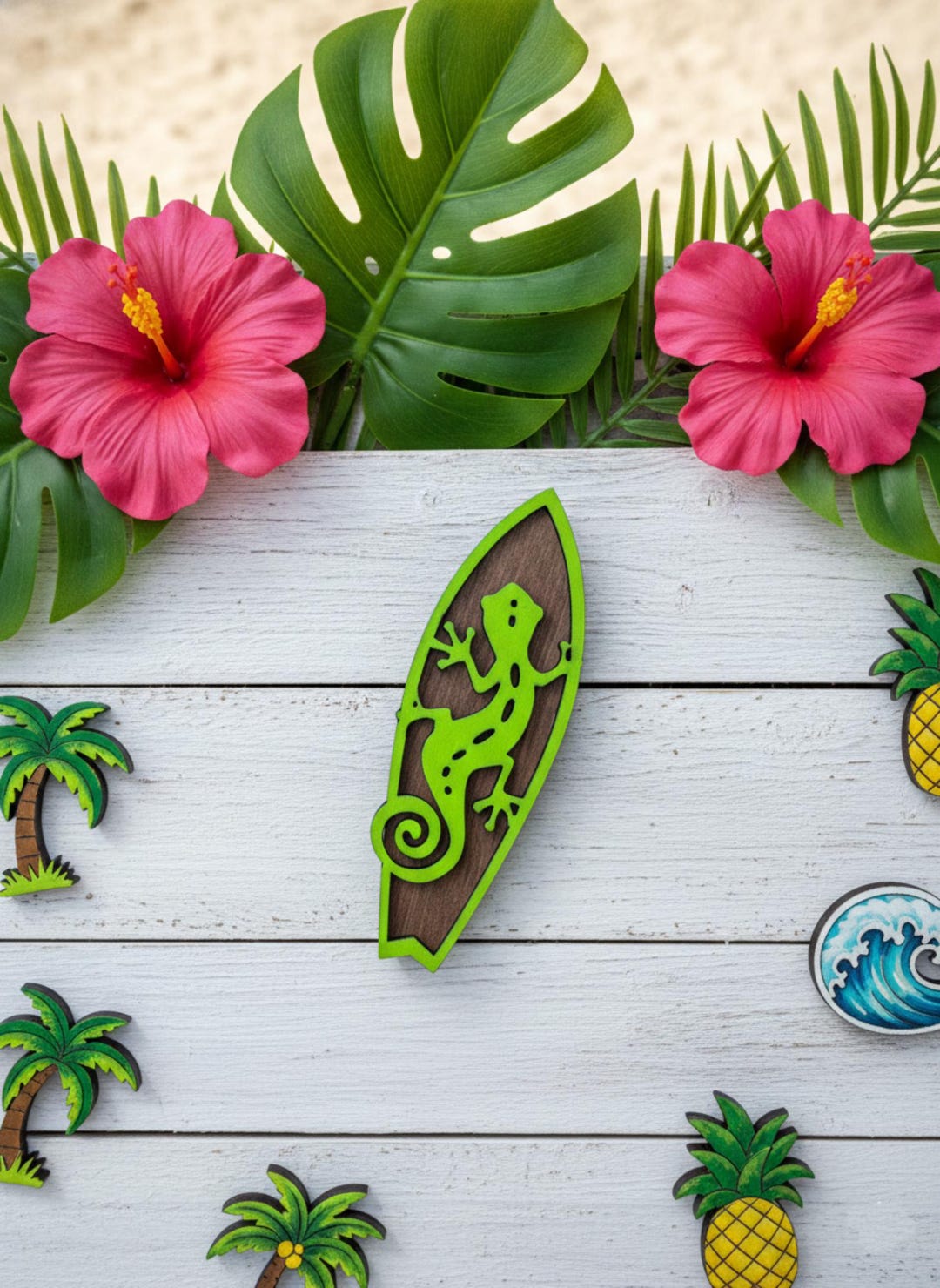 Gecko Surfboard Magnet: Tropical Island Decor, 3D Wood - Etsy