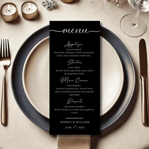 Elegant Black Menu Card - Modern Printable Menu Template for Weddings ...