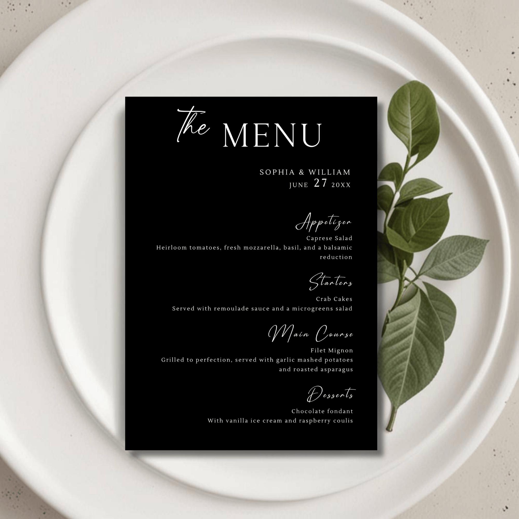 Black Wedding Menu Cards - Modern Elegant Design, Black Menu Template ...