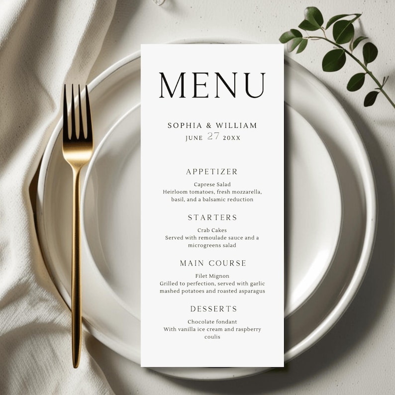 Minimal Wedding Menu Template - Classic Dinner Menu Download - Elegant ...