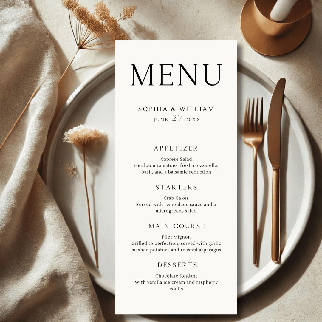 Minimal Wedding Menu Template - Classic Dinner Menu Download - Elegant ...