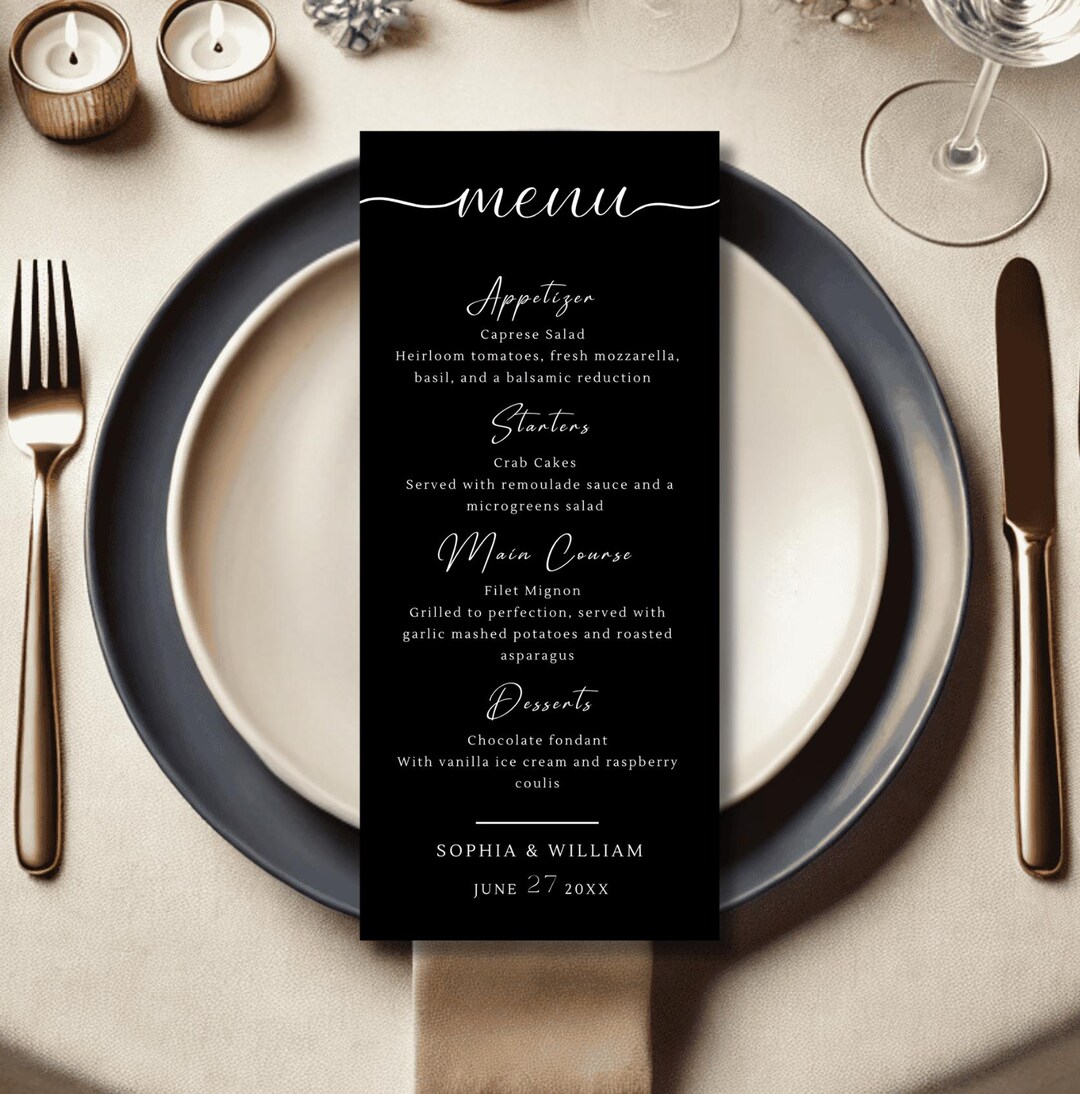 Elegant Black Wedding Menu Template, Editable Minimalist Dinner Menu ...