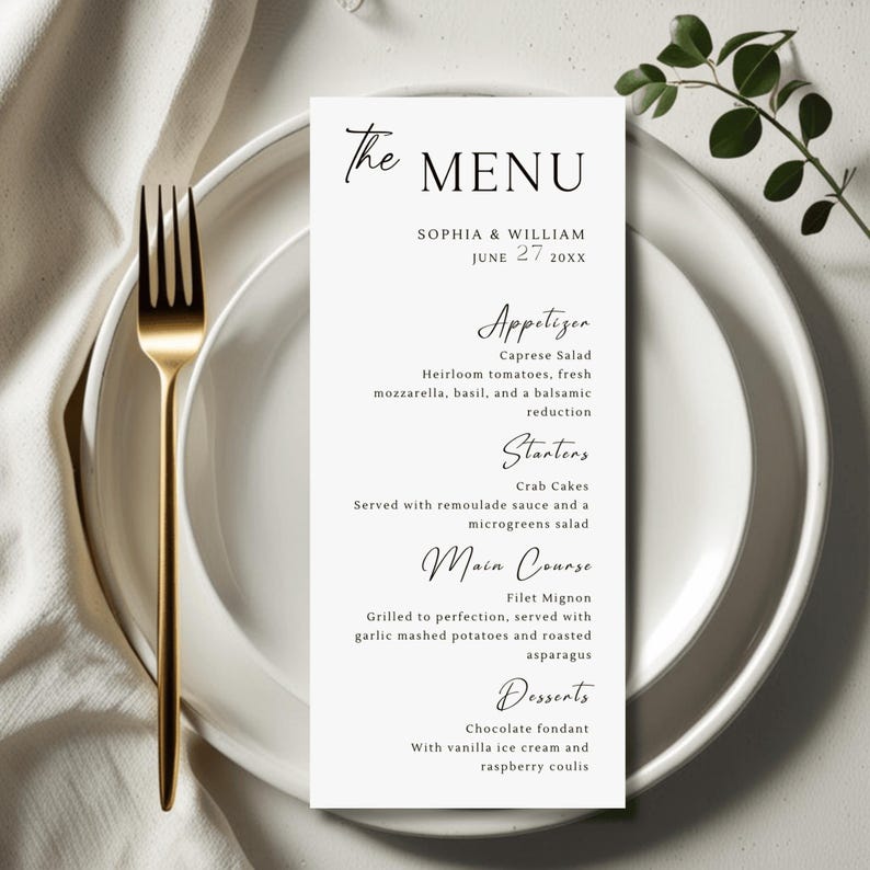 Elegant Wedding Menu Template | Modern Dinner Menu Card | Printable ...