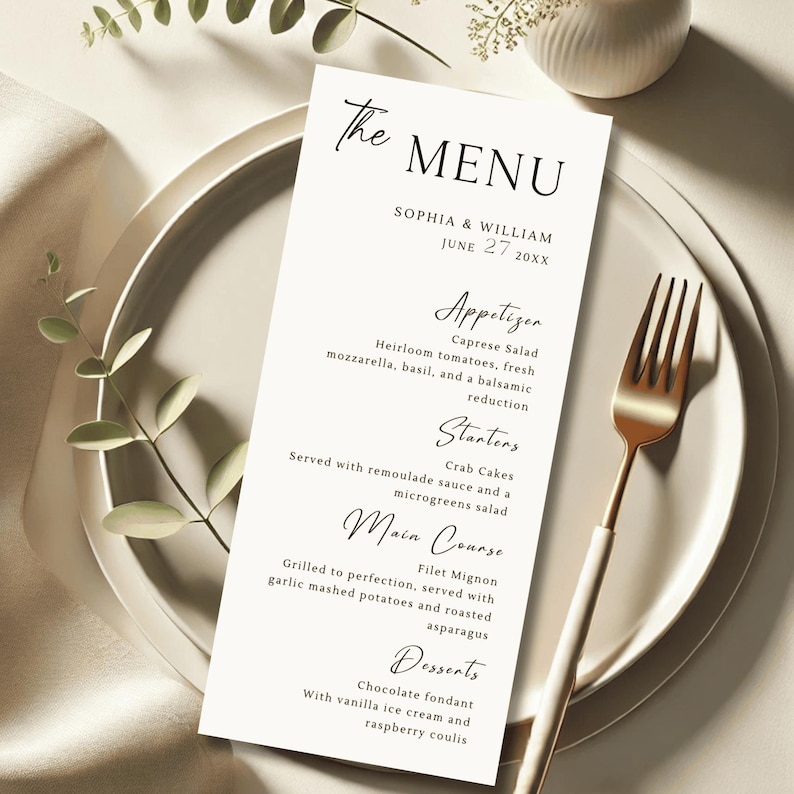 Elegant Wedding Menu Template | Modern Dinner Menu Card | Printable ...