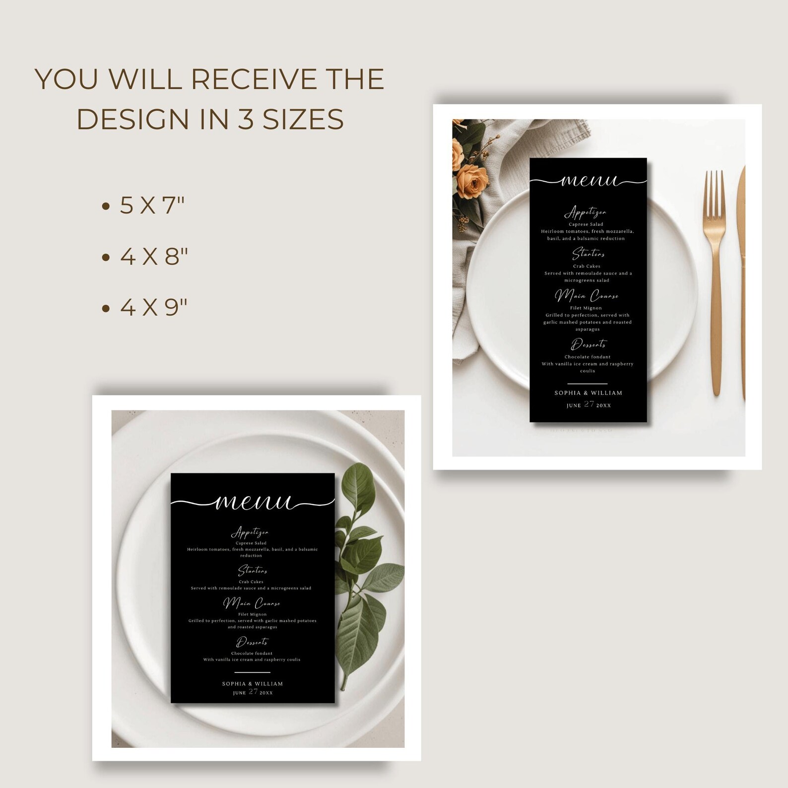 Elegant Black Menu Card - Modern Printable Menu Template for Weddings ...
