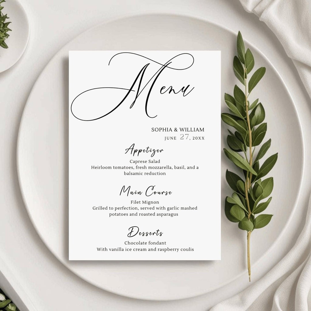 Minimalist Wedding Menu Template - Custom Dinner Menu, Modern Reception ...