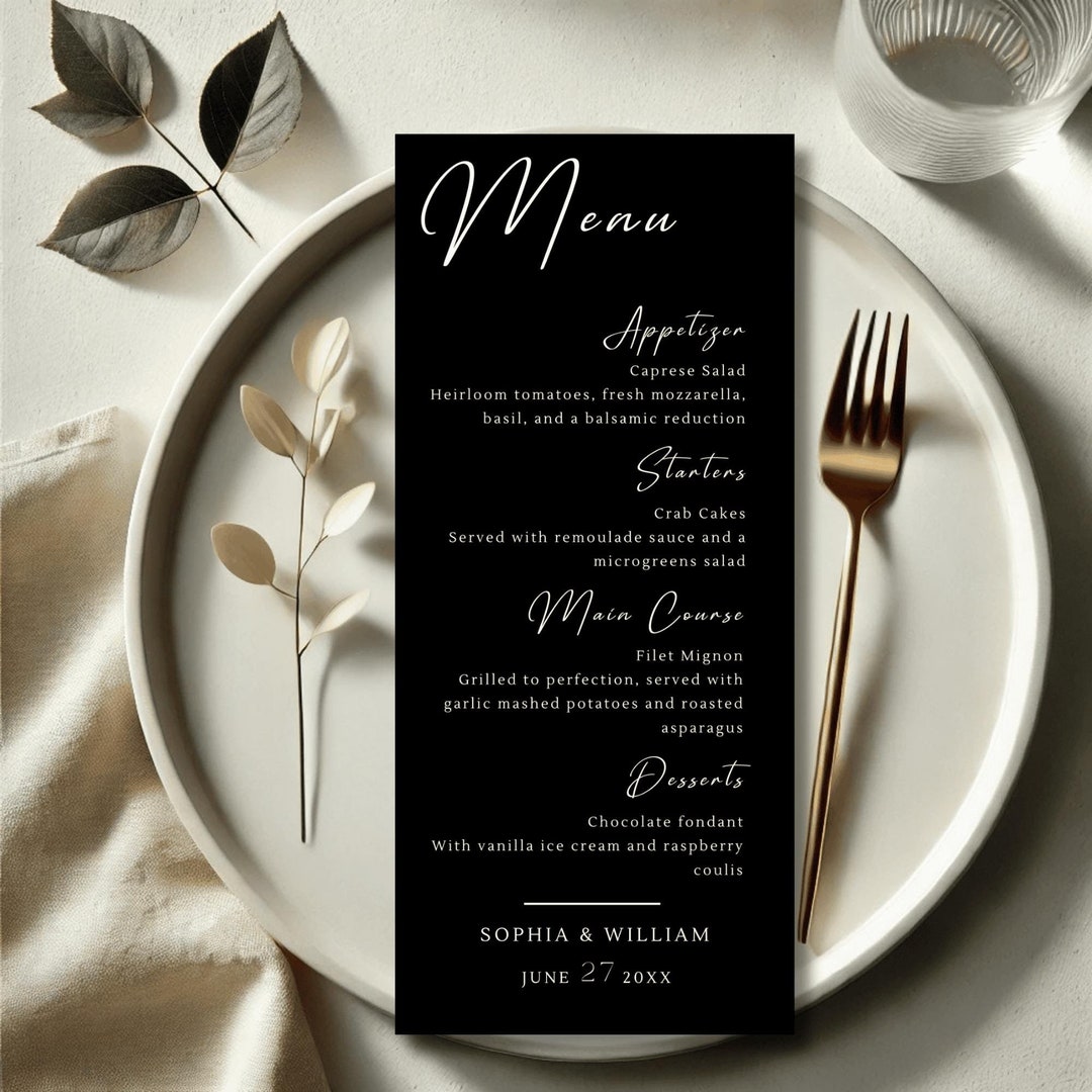 Black Menu Template for Weddings & Events - Custom Party Menu - Elegant ...
