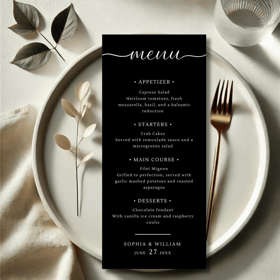 Minimalist Menu Card Template, Menu for Black Wedding, Printable ...