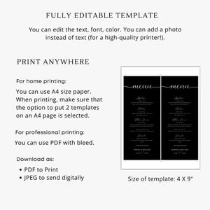 Minimalist Black Wedding Menu Template, Printable Modern Menu Card ...