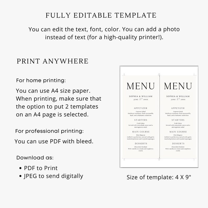 Minimal Wedding Menu Template - Classic Dinner Menu Download - Elegant ...