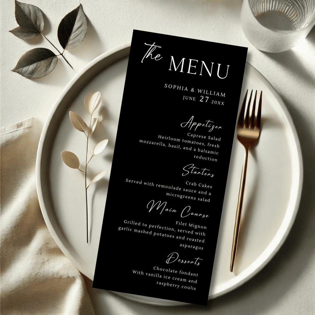 Black Wedding Menu Cards - Modern Elegant Design, Black Menu Template ...