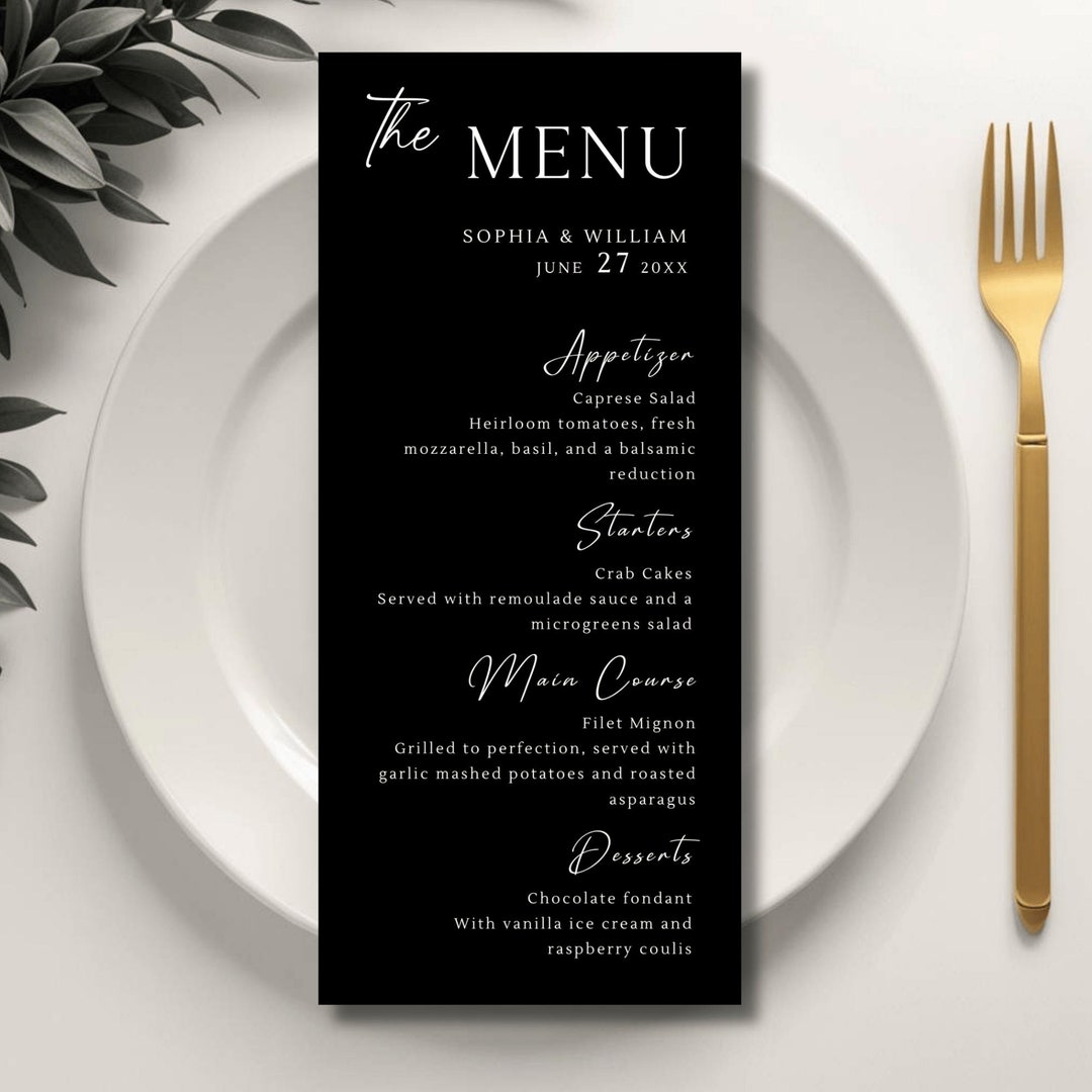 Minimalist Black Wedding Menu Template, Printable Modern Menu Card ...