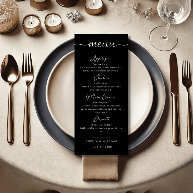 Elegant Black Menu Card - Modern Printable Menu Template for Weddings ...