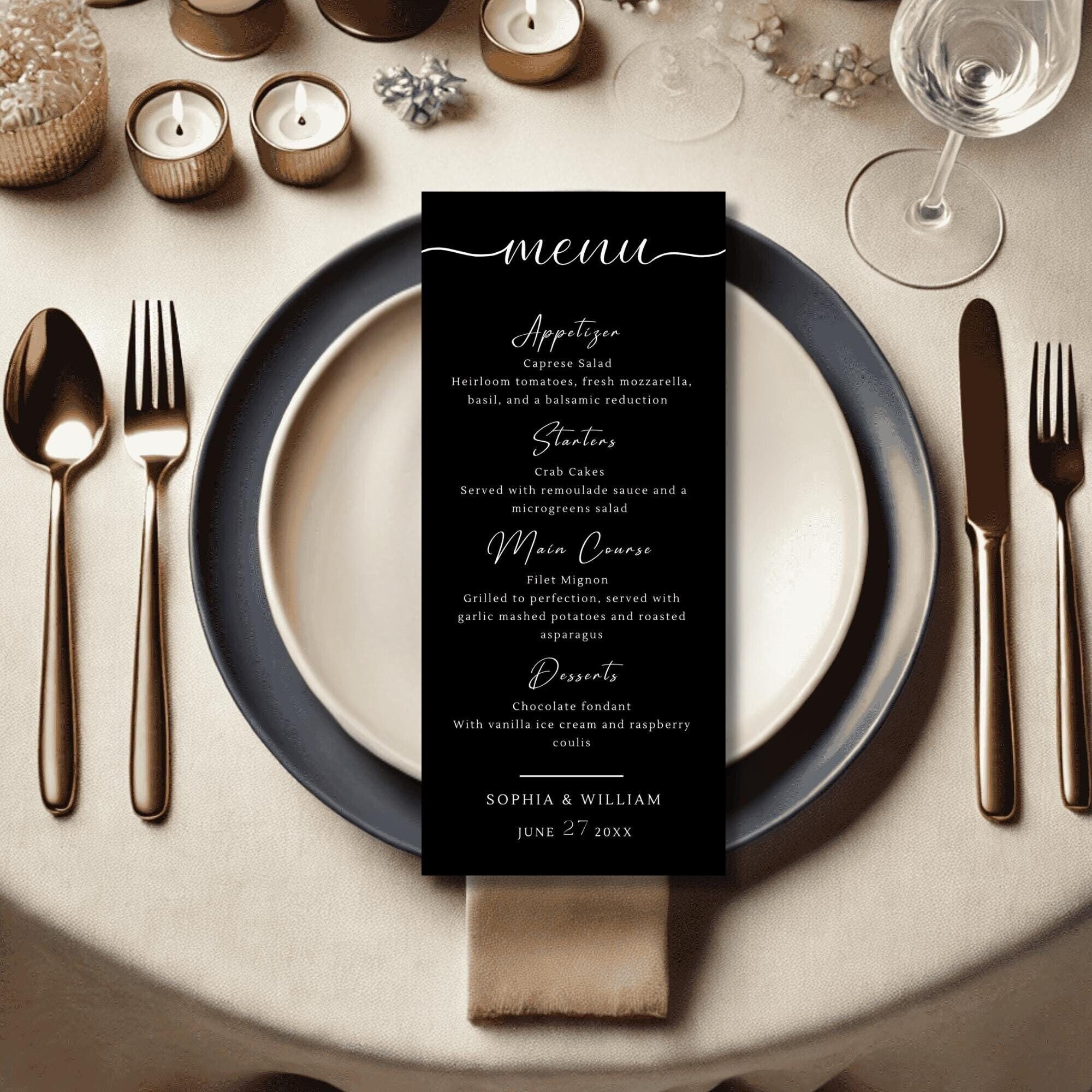 Elegant Black Wedding Menu Template, Editable Minimalist Dinner Menu ...