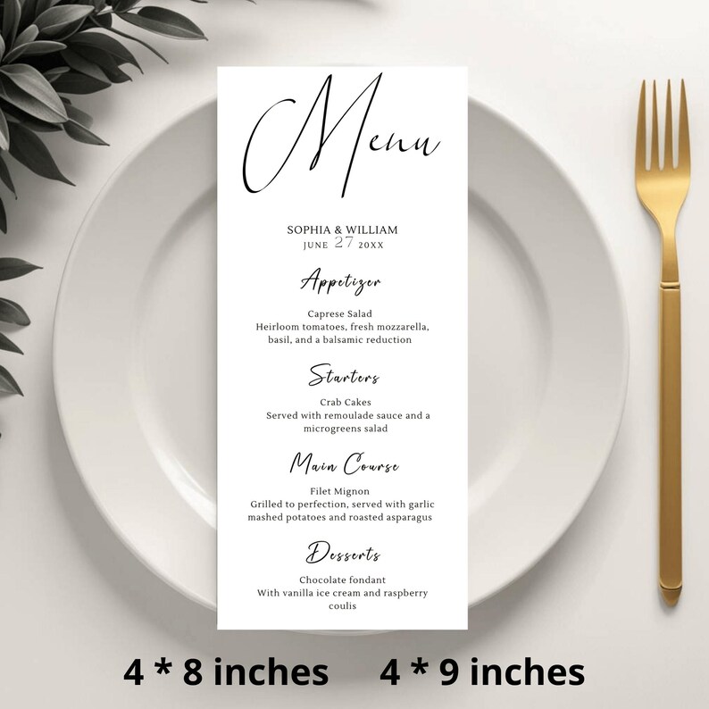 Modern Wedding Menu Template - Elegant Printable Menu Card, Minimalist ...