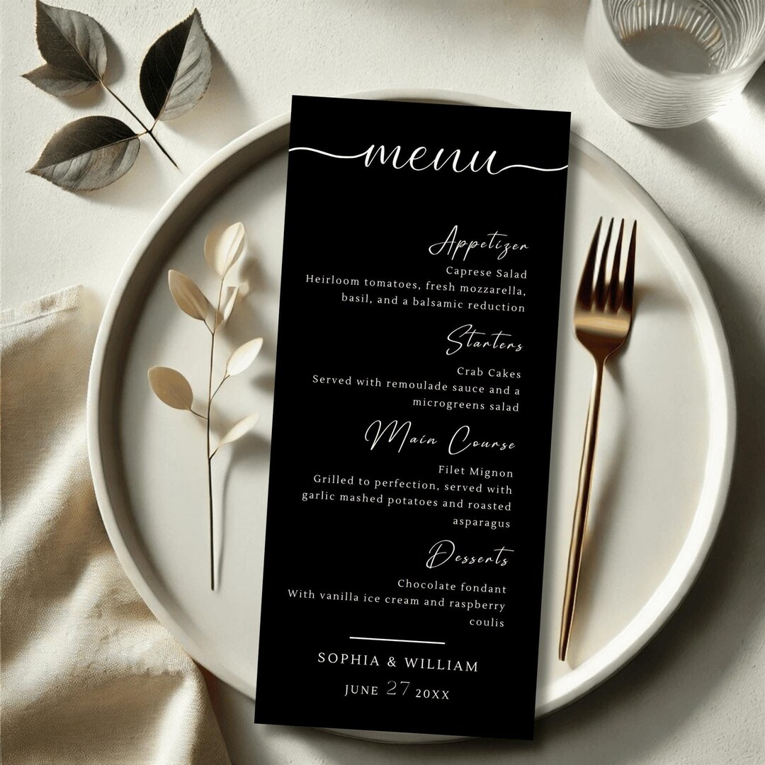 Wedding Black Menu Card | Elegant Dinner Menu Template | Modern ...