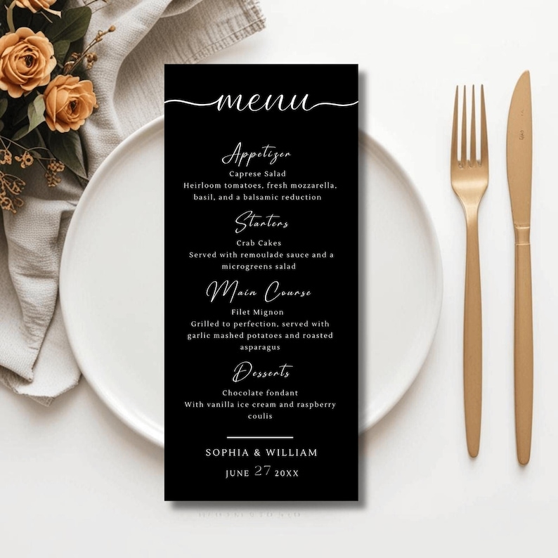 Elegant Black Menu Card - Modern Printable Menu Template for Weddings ...