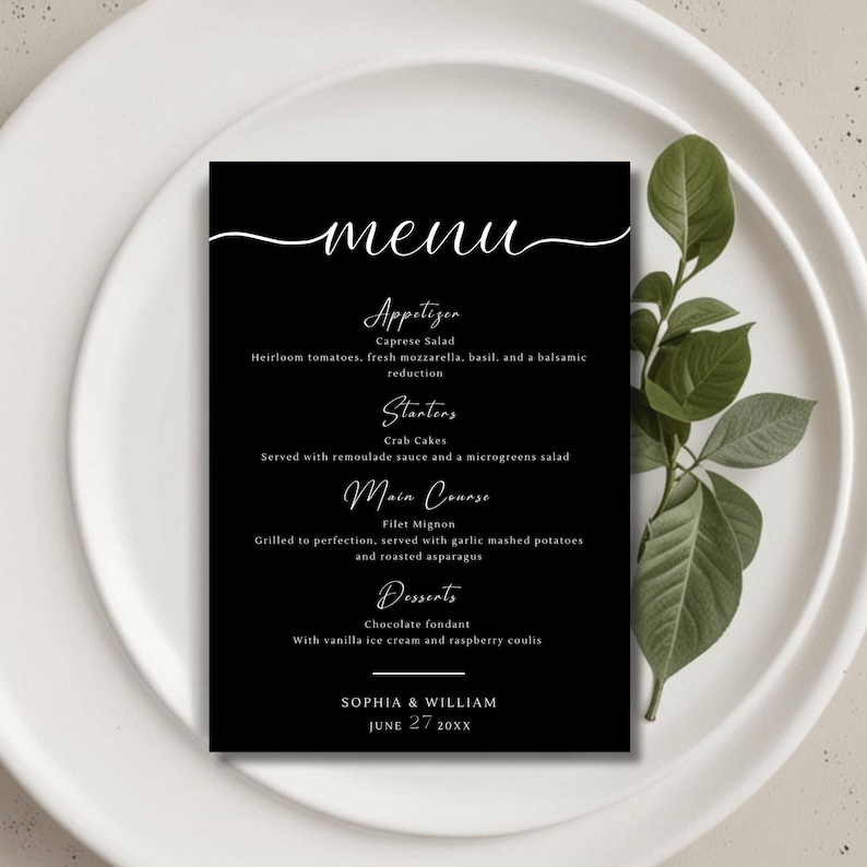 Elegant Black Menu Card - Modern Printable Menu Template for Weddings ...