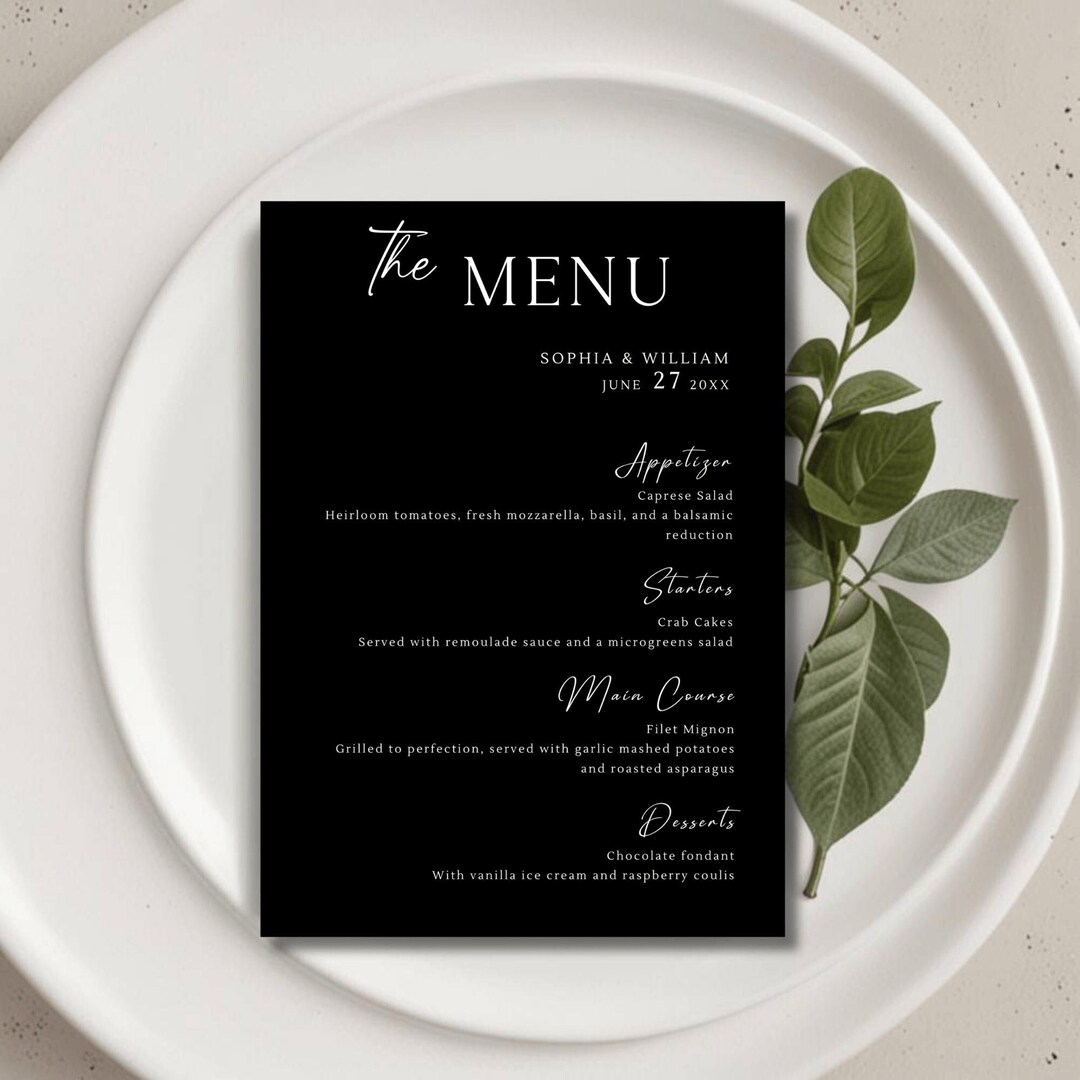Minimalist Black Wedding Menu Card - Modern Table Decor, Digital Black ...