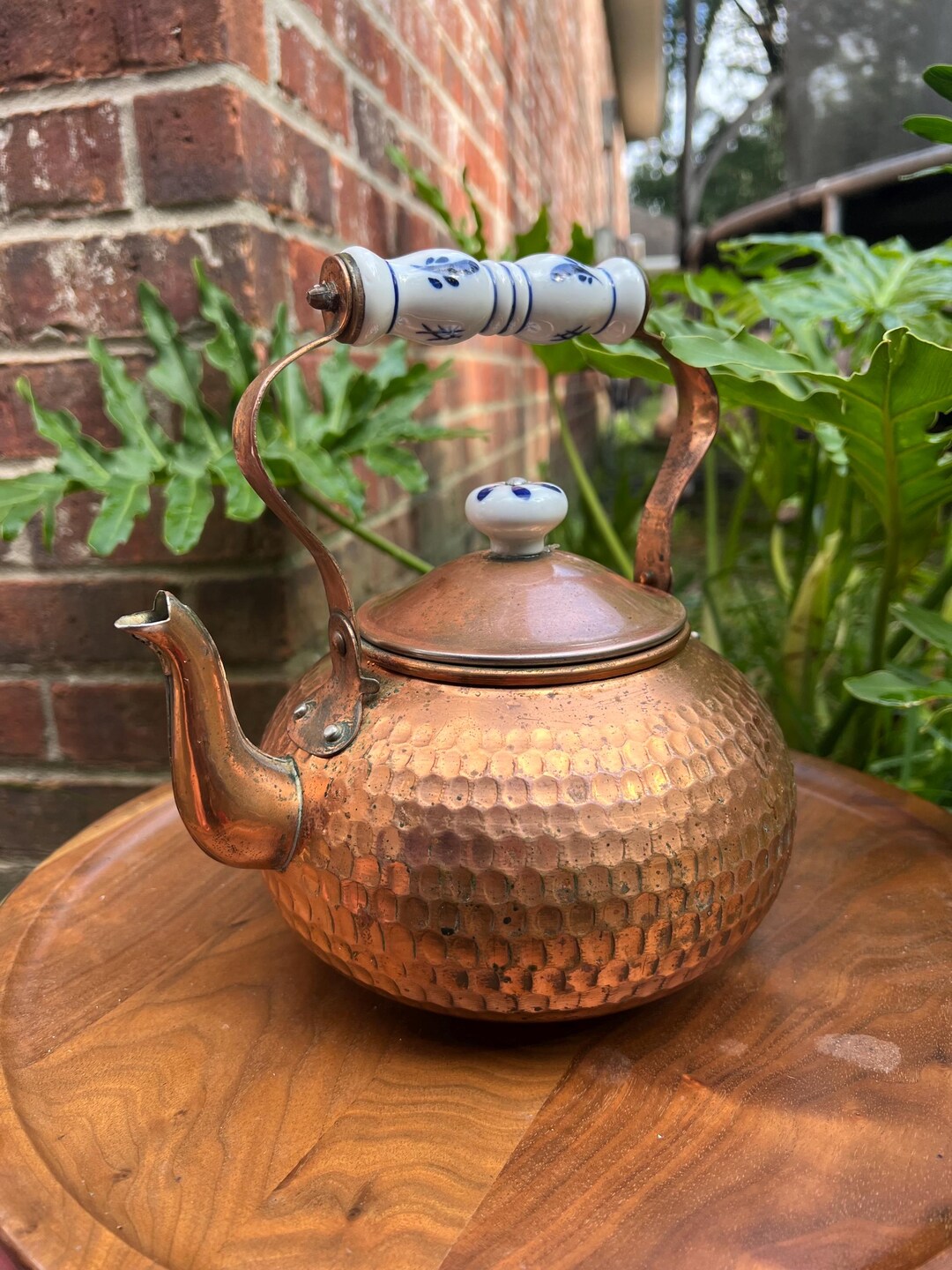 Vintage Aged Hammered Copper Kettle With Blue and White Ceramic Handle ...