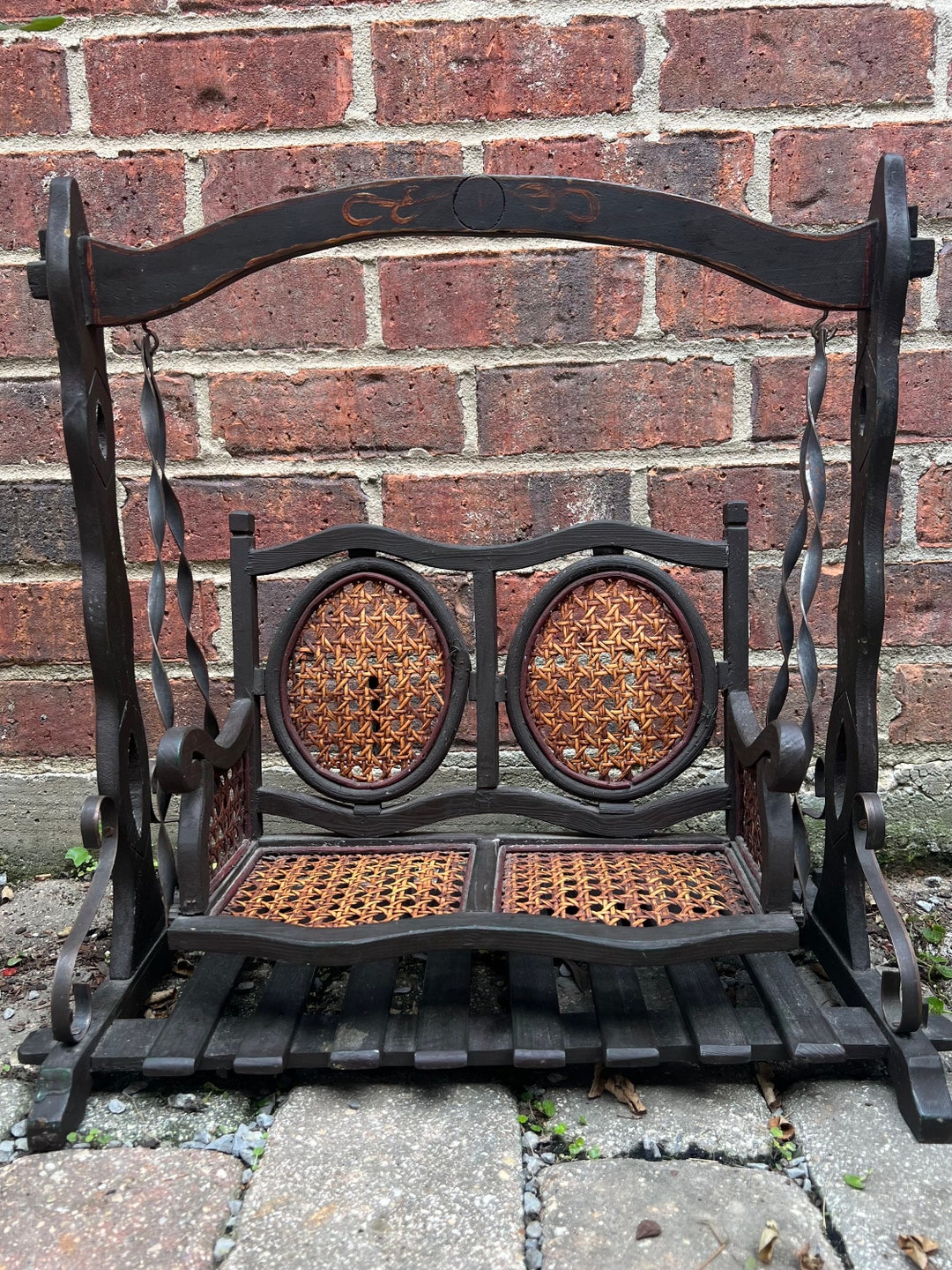 Antique French Cane Back Doll Swing Chair Swing Bench Wood Rattan ...