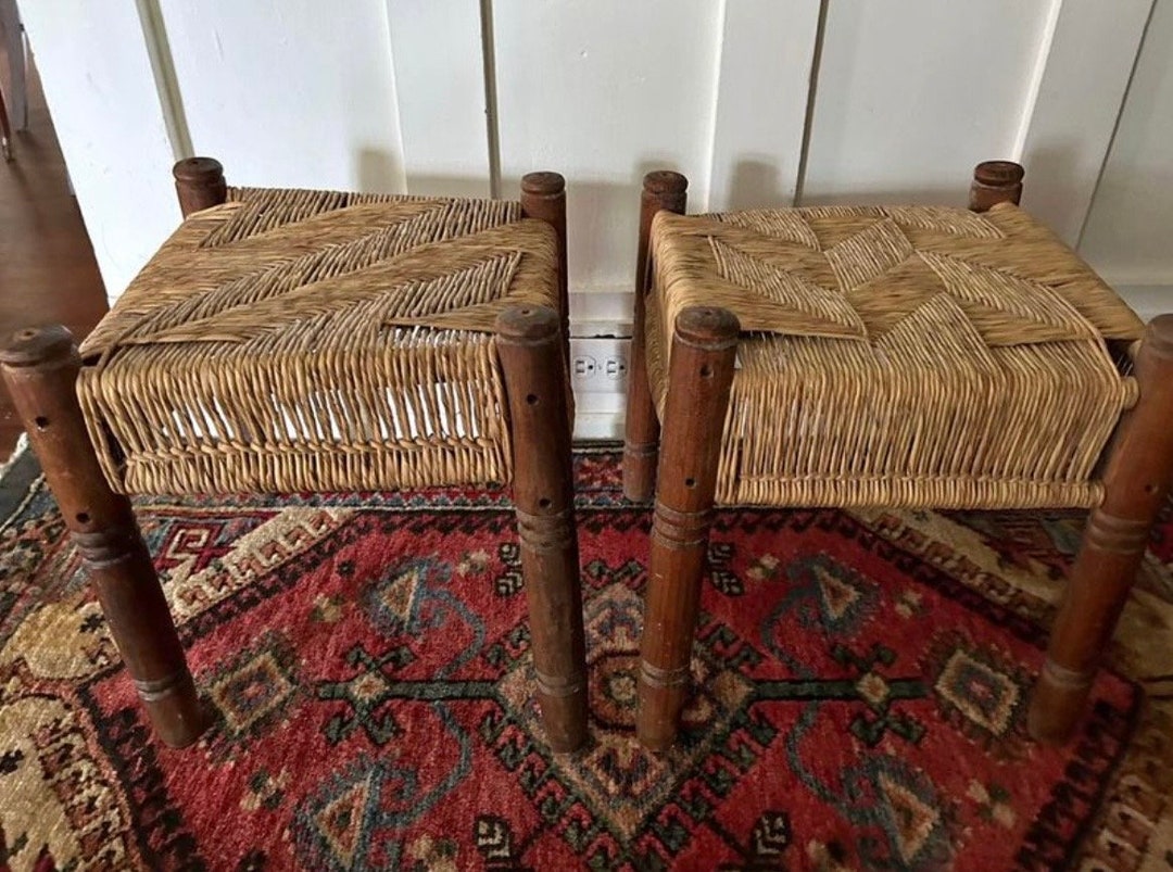 Vintage Herringbone Woven Grass Stool Primitive Bench With Maple Frame ...