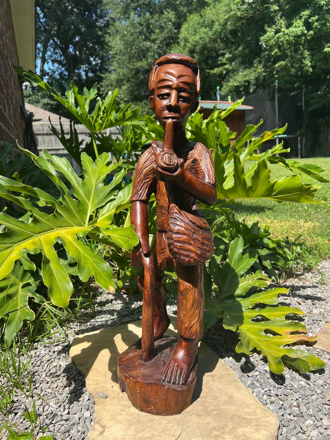 Vintage Hand Carved Solid Wood Man With Pipe and Cane Sculpture Folk ...