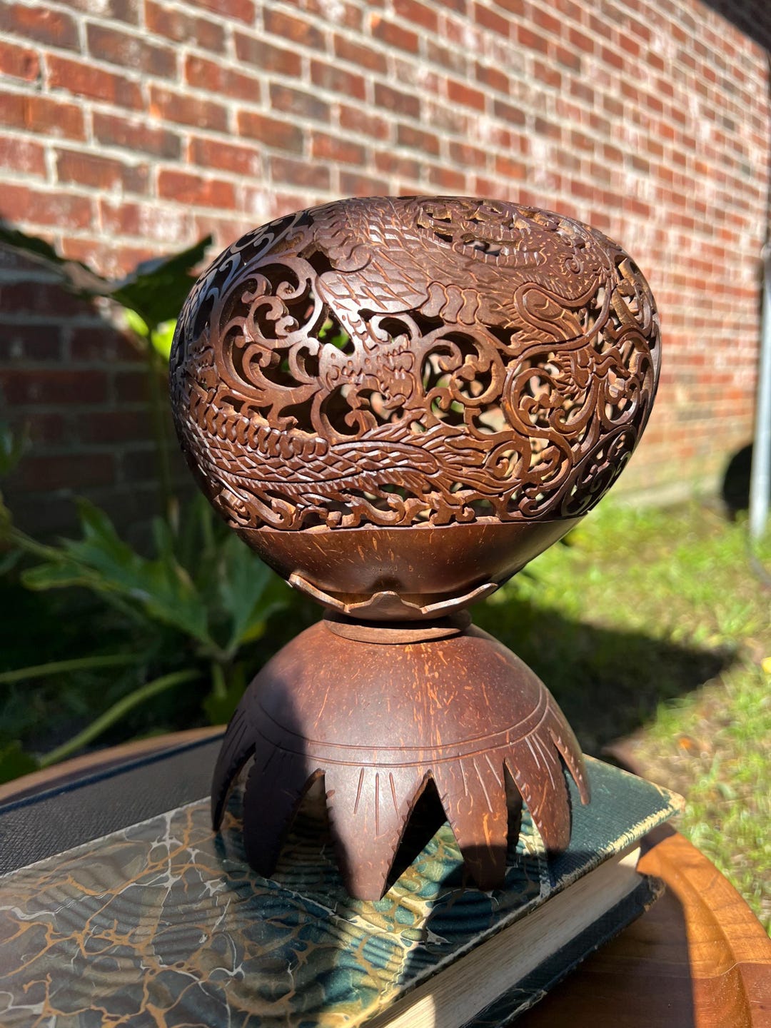 Vintage Handcarved Coconut Shell Lantern With Stand | Intricate Dragon ...