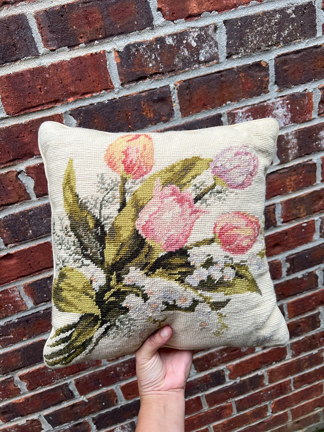 Vintage Floral Handstitched Needlepoint Accent Pillow | Tulips - Etsy