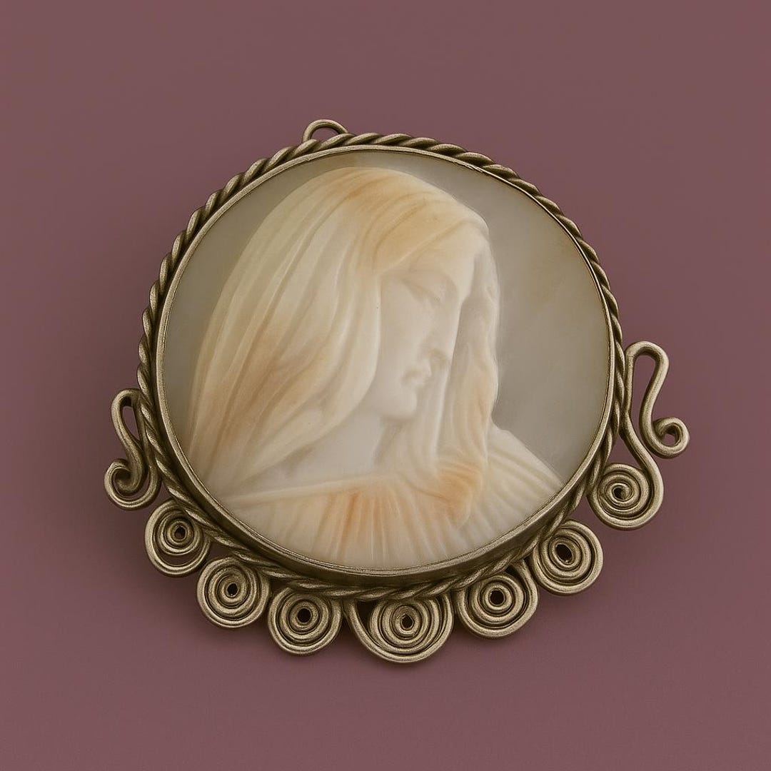 Vintage Religious Cameo Brooch - Hand-carved Shell Portrait of Mary in ...