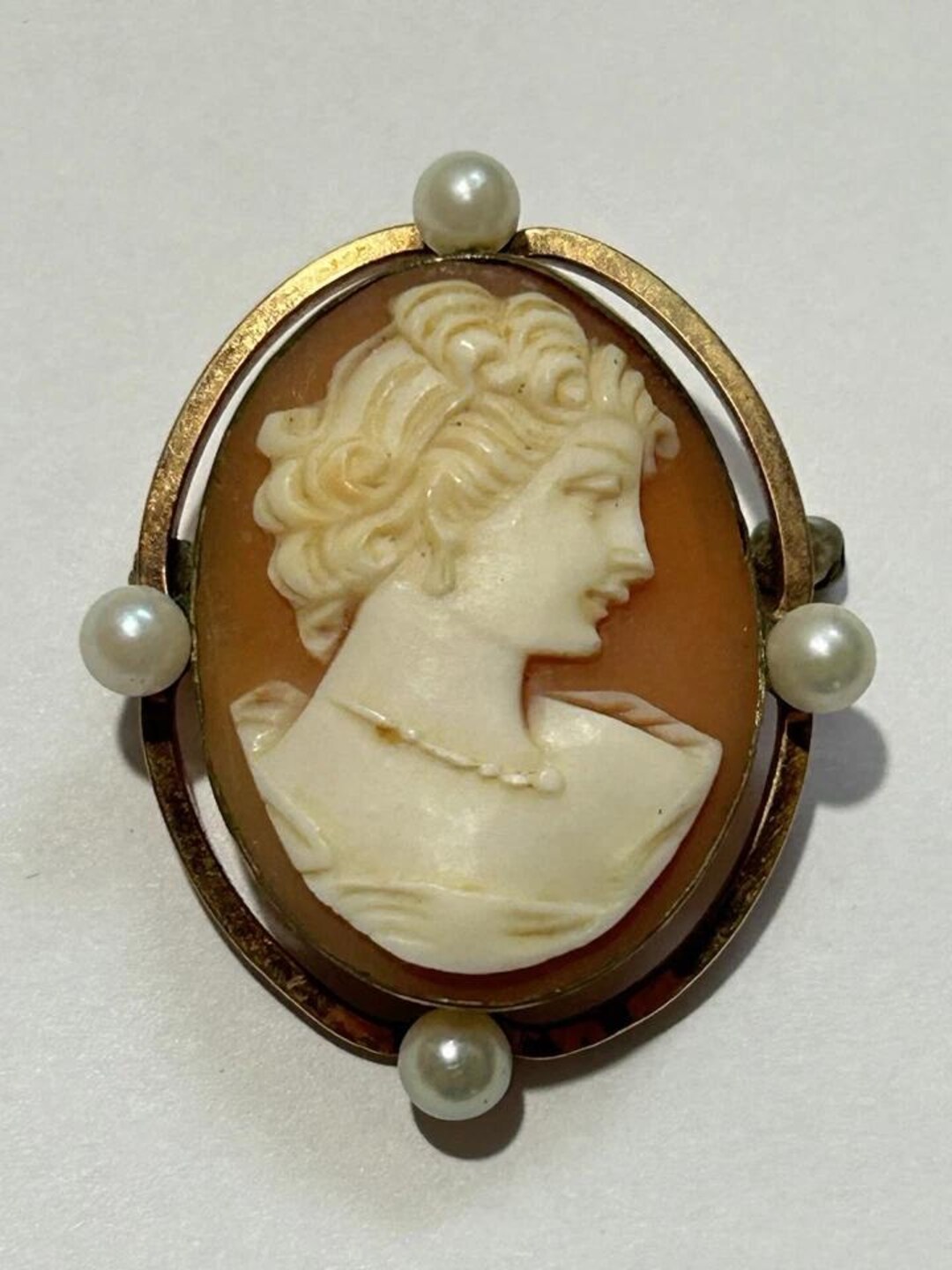 Vintage Van Dell Shell Cameo Brooch | 12K Gold-filled With Pearls | Mid ...
