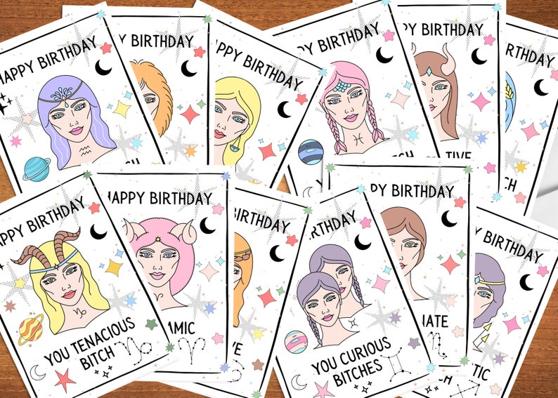 Printable Zodiac Birthday Card Set, Conquer the Cosmos Birthday Cards ...