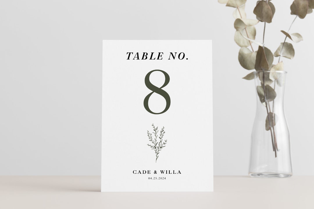 Botanical Wedding Table Number Template, Illustrated Greenery DIY ...