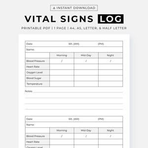 Vital Signs Log Printable PDF, Perfect for Tracking Heart Rate ...