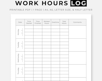 Work Hours Log Printable, Working Hours Tracker, Work Schedule Planner ...