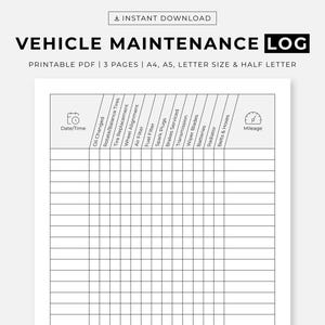 Vehicle Maintenance Log, Car Service Tracker, Auto Repair Record ...