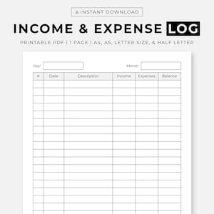 Income & Expense Log Printable, Income and Expense Tracker for Small ...