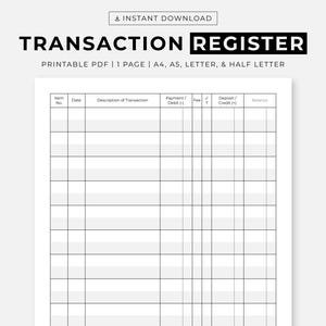 Transaction Register Printable PDF, Check Registers for Personal ...