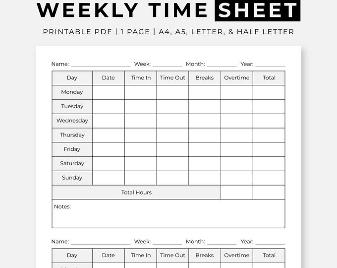 Weekly Time Sheet Log Printable PDF, Weekly Employee Time Sheet, Work ...