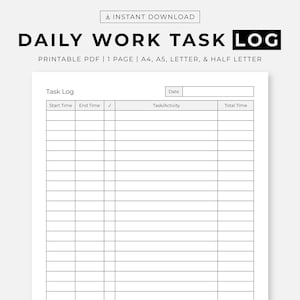 Daily Work Task Log Printable PDF, Time Management Tracker for ...
