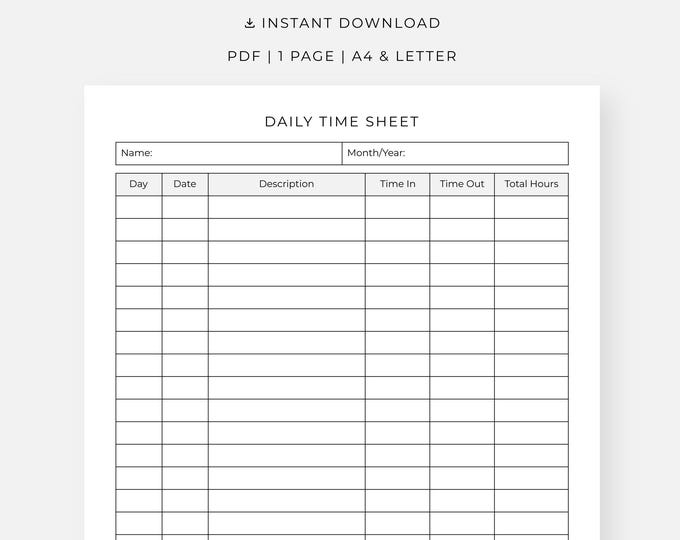 Printable Daily Time Sheet, Work Hours Log, Timekeeping Sheet, PDF, A4 ...