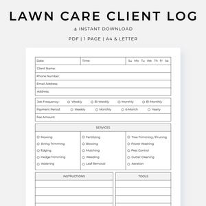 Lawn Care Client Log, Printable Landscaping Client Log, Track & Record ...