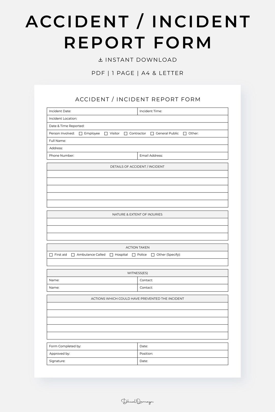 Printable Accident / Incident Report Form, Record All Incidents in Your ...