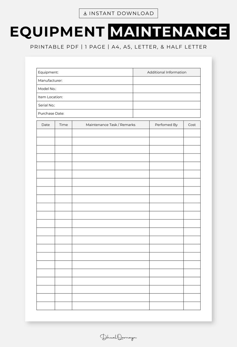 Equipment Maintenance Log Printable PDF, for Repairs, Service, & Daily ...