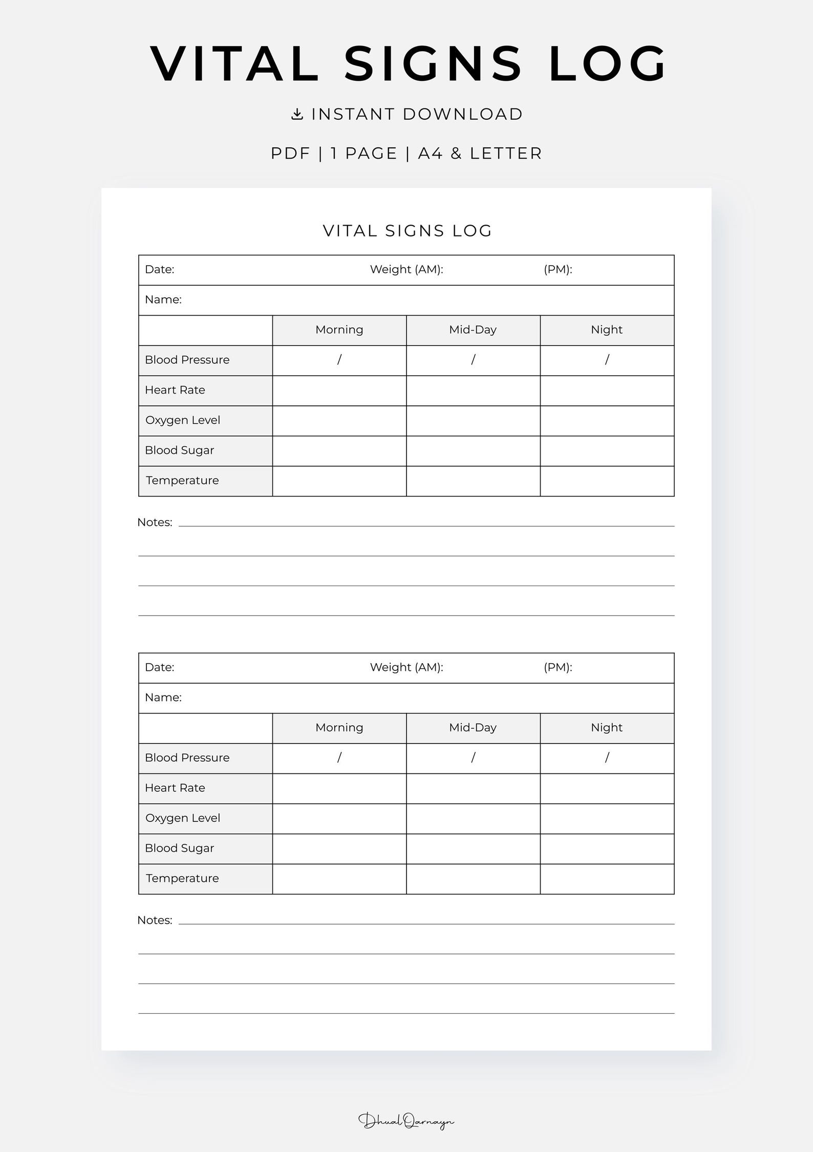 Vital Signs Log Printable PDF, Perfect for Tracking Heart Rate ...